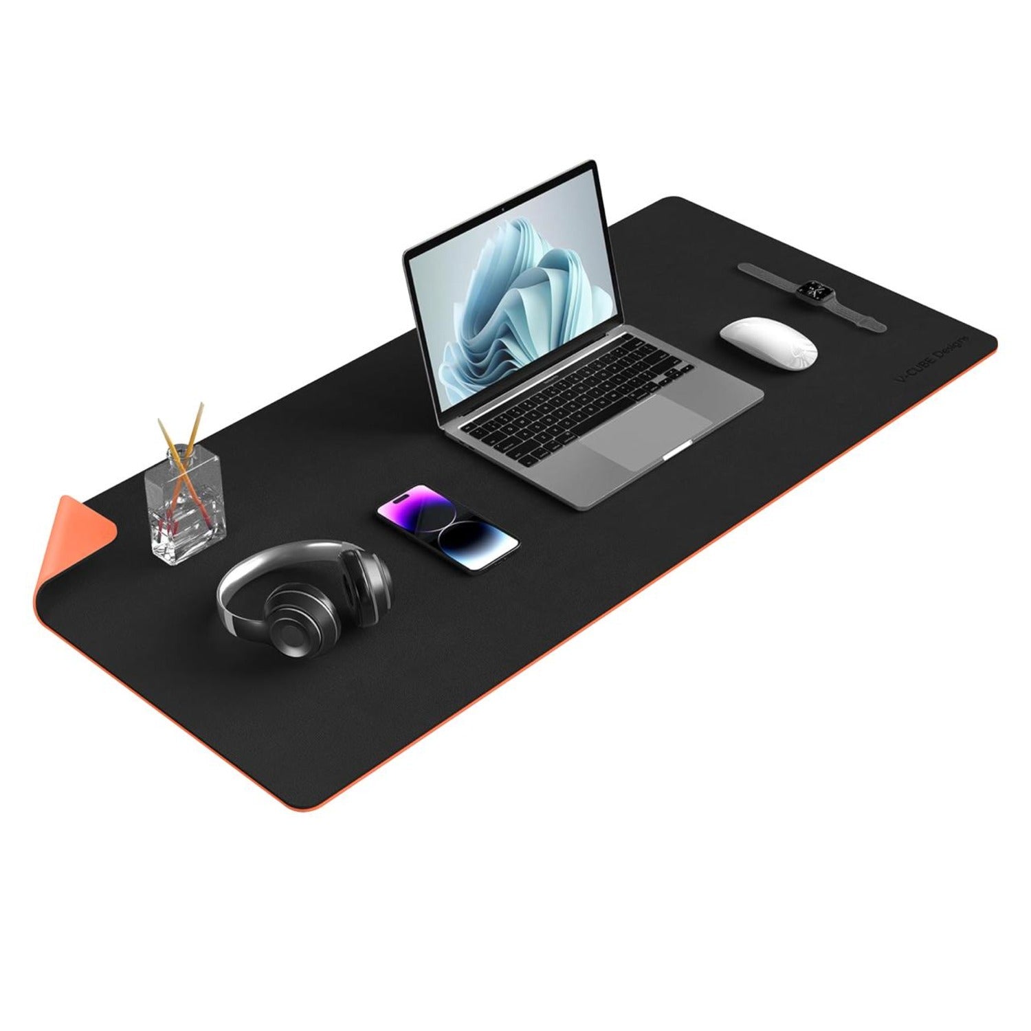 V-CUBE Designs Premium Vegan Leather Desk Mat 1.8MM Black & Orange